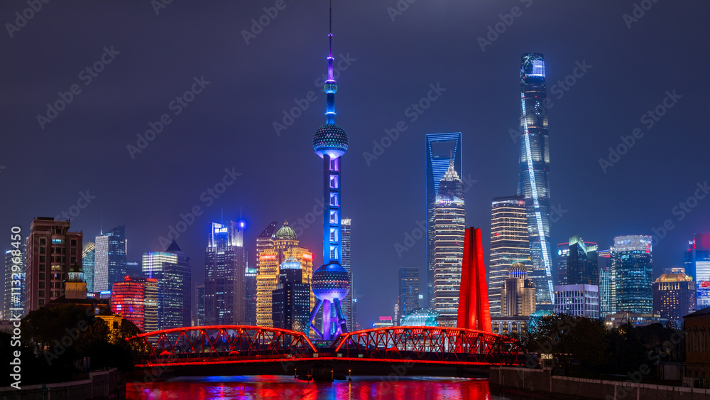 Night view of skyscraper and skyline in Lujiazui, Shanghai, Skyline and ...