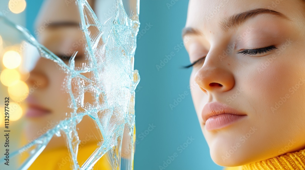 A close-up portrait of a person looking at their cracked reflection in ...