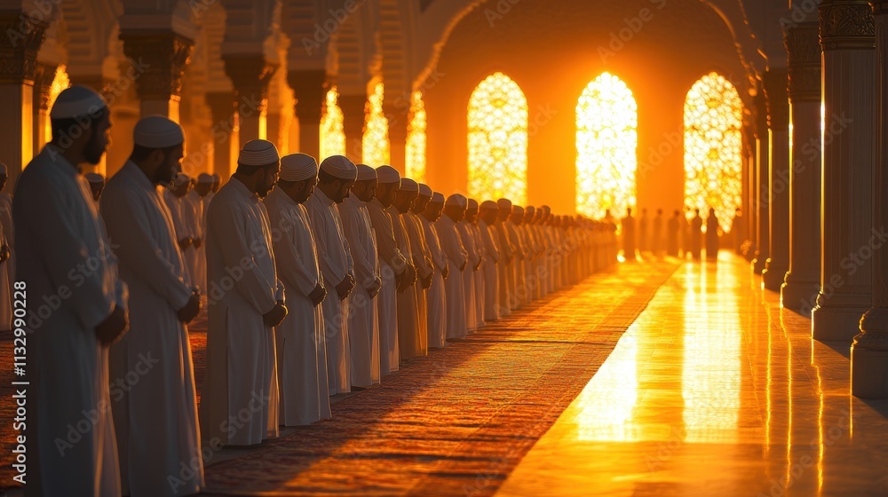 Serene scene of Muslim men dressed in traditional attire, gathered in ...