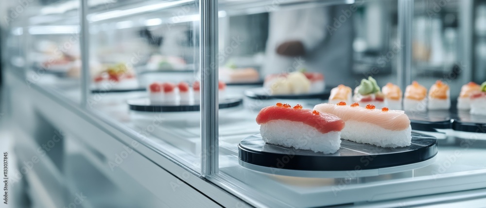 Plates of sushi move along a conveyor, highlighting the intersection of ...