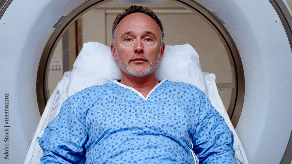 An adult man lies inside an MRI machine while undergoing a body scan at ...