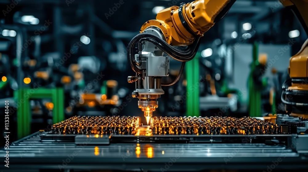 Industrial robotic arm assembling high-tech products in modern factory ...