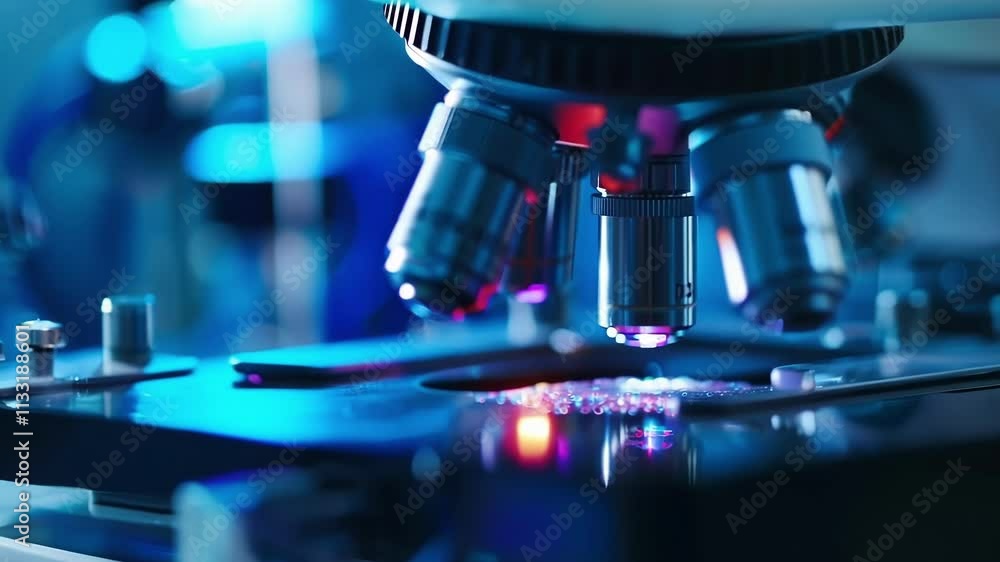 Microscope focuses on a sample in a laboratory illuminated by blue ...