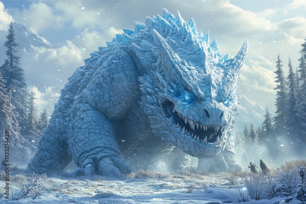 Frozen monster emerges in frost-covered field with distant pine trees ...