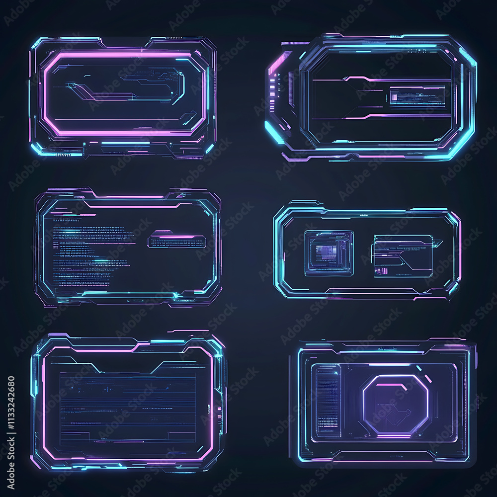 Futuristic HUD Displays Set with Neon Glow. Six glowing, futuristic ...