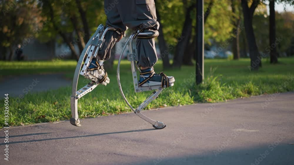 Person using spring stilts on paved path in park, wearing dark gray ...