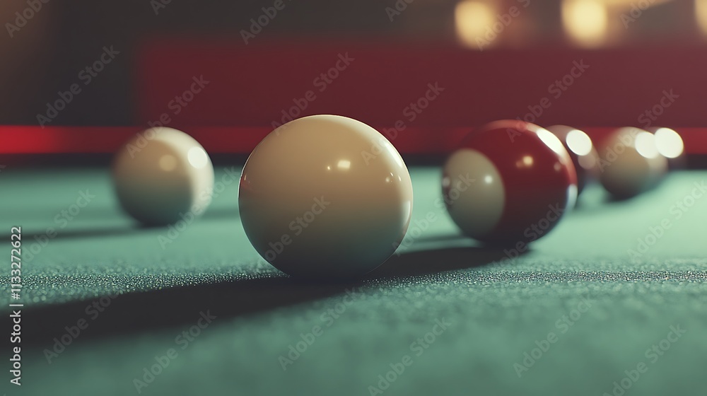10. A close-up of a cue ball and the target balls on the snooker table ...