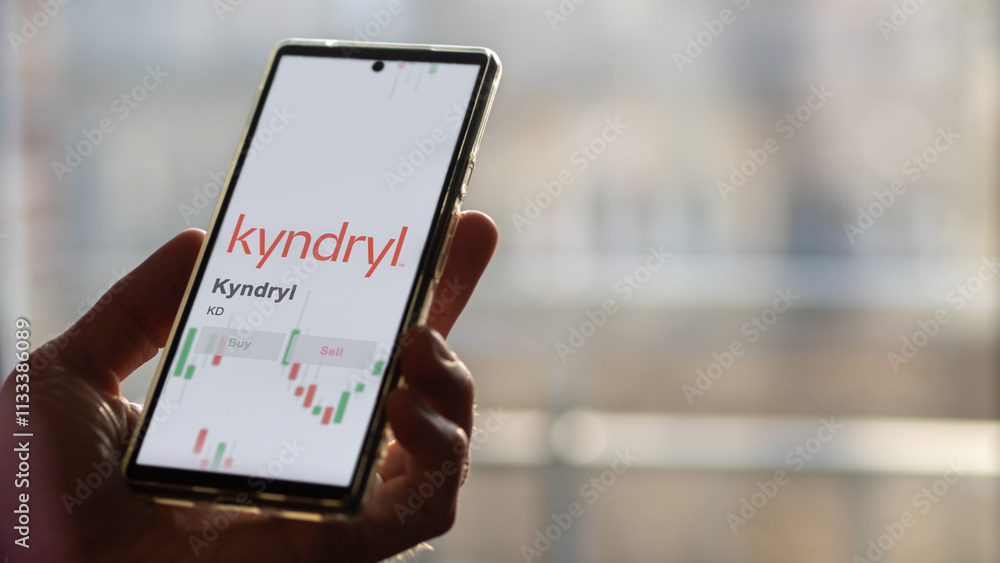 March 26th 2024, logo of Kyndryl on a white wall in a hall building ...