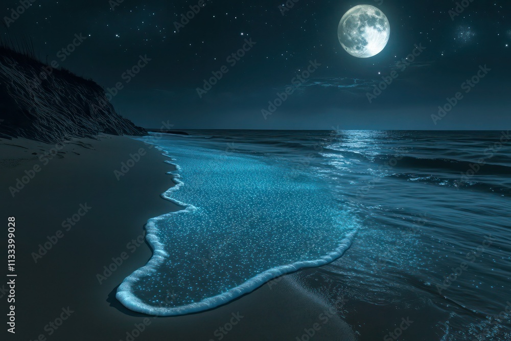 A beach with gentle bioluminescent waves under a full moon, with stars ...