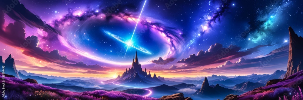 Magic fantasy world in cosmic galaxy, mysterious rocks, glowing stars ...