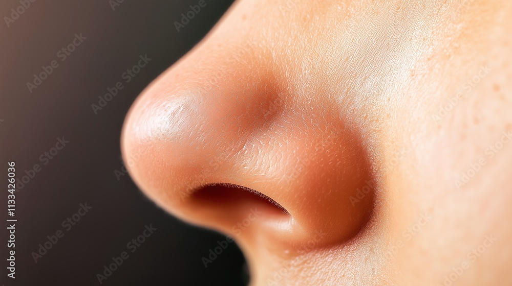 Close up of red irritated nose, emphasizing the discomfort and struggle ...