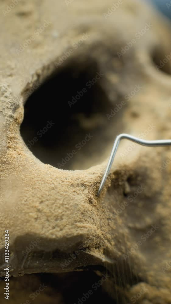 Vertical shot of cleaning skull of ancient extinct human from sand with ...