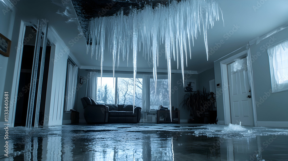 Icicles hanging from roof edge, water pooling on floor, and ceiling ...