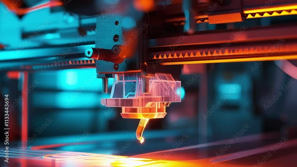 Close up of a 3d printer extruder depositing filament on a platform, creating an object layer by ...