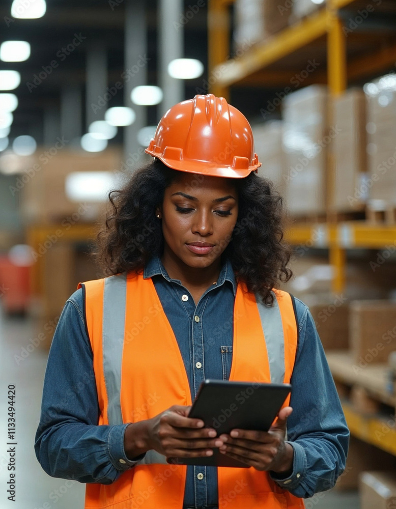 Thinking, warehouse and woman on tablet for inspection, inventory and ...