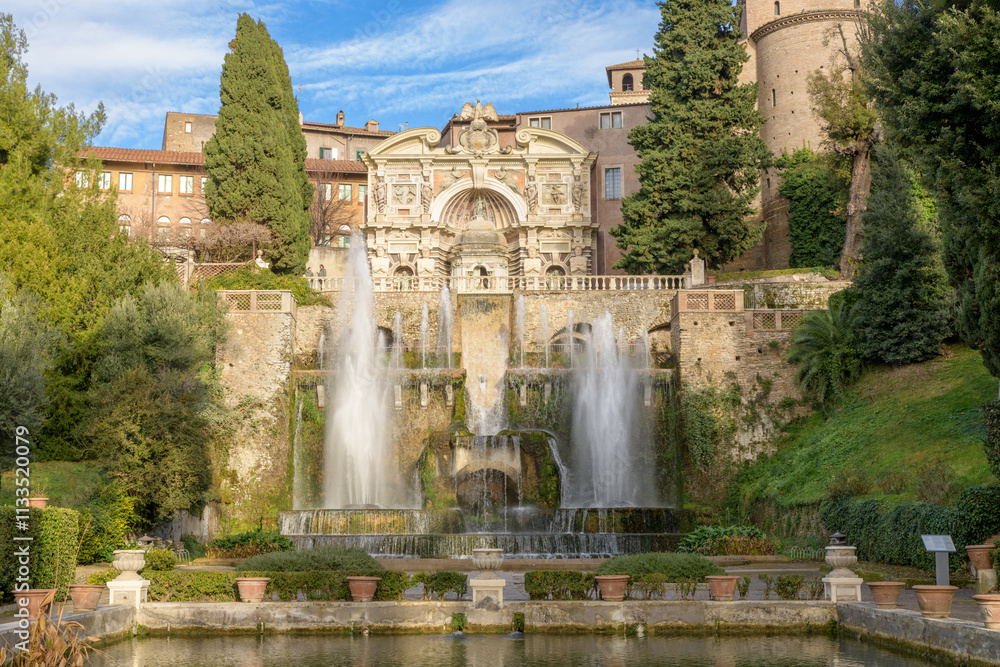 Tivoli, Italy - January 3th 2024: Villa d'Este. The Fountain of Neptune ...