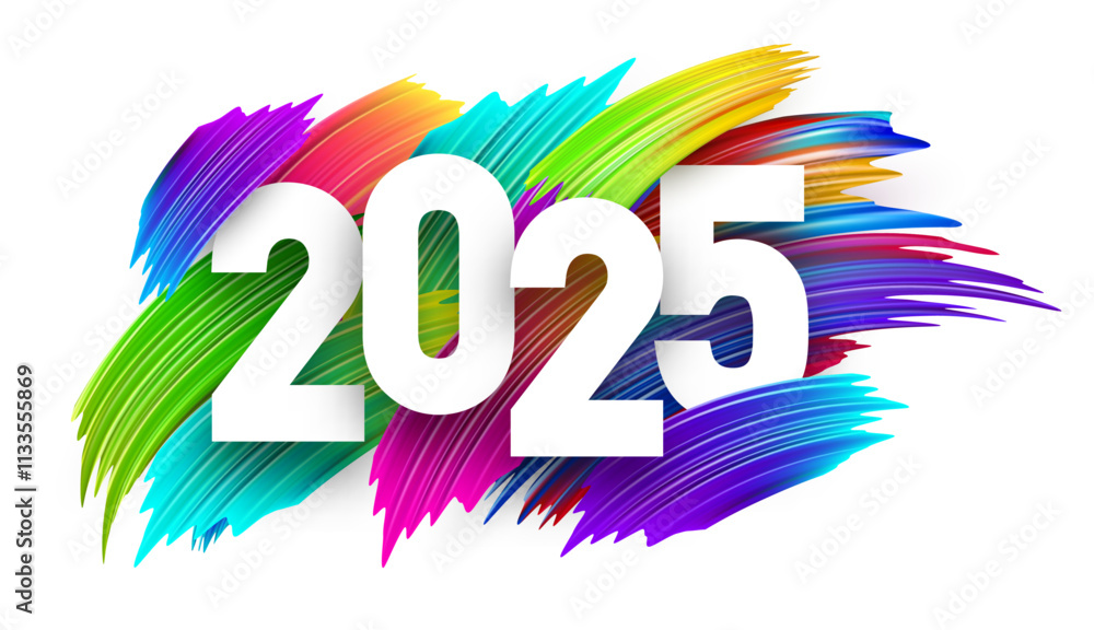 Eye-catching 2025 typography design with colorful brush strokes on a ...