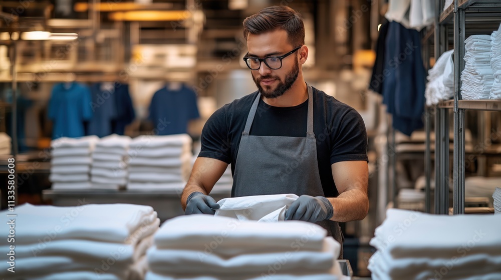 Man folds clean white linens in commercial laundry facility. Wears dark ...