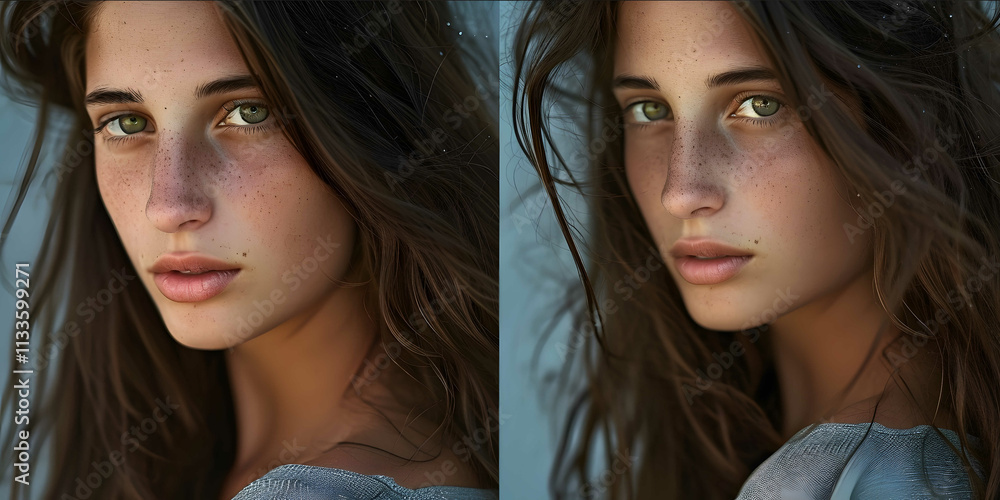 portrait photo of a woman light brown eyes long wavy dark brown hair ...