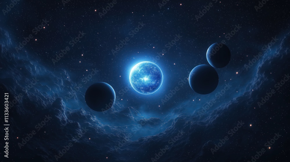 Glowing blue star system in deep space. Planets orbit massive blue star ...