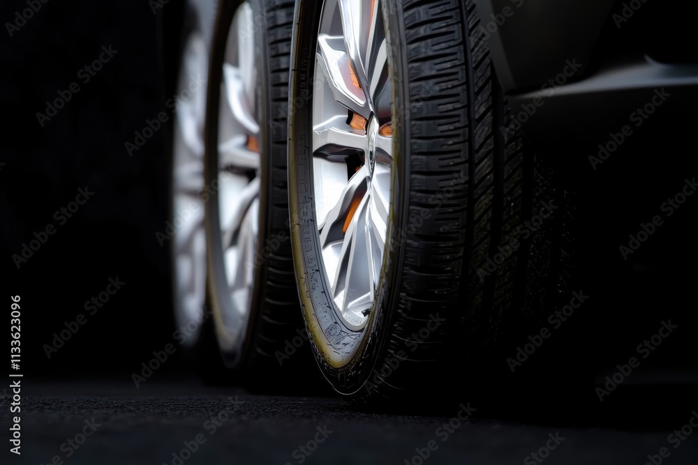 This image features a close-up view of three car wheels lined up on a ...