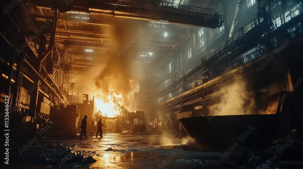 Molten metal flows into casting molds within a large industrial hall ...