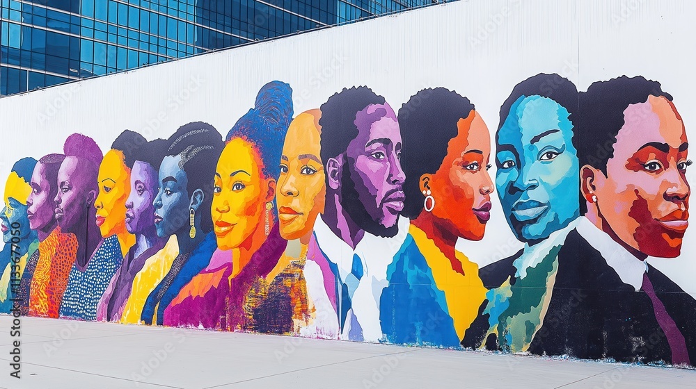 Large vibrant mural decorates city wall. Colorful portraits celebrate ...
