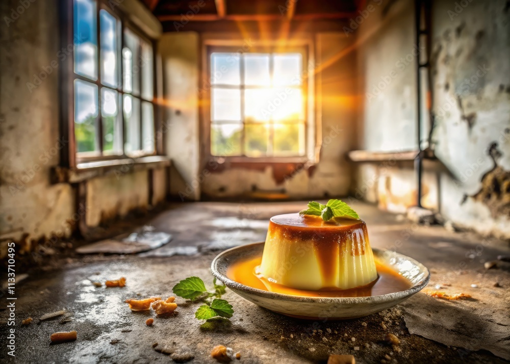 Creamy custard pudding, a forgotten treat in an abandoned building's ...