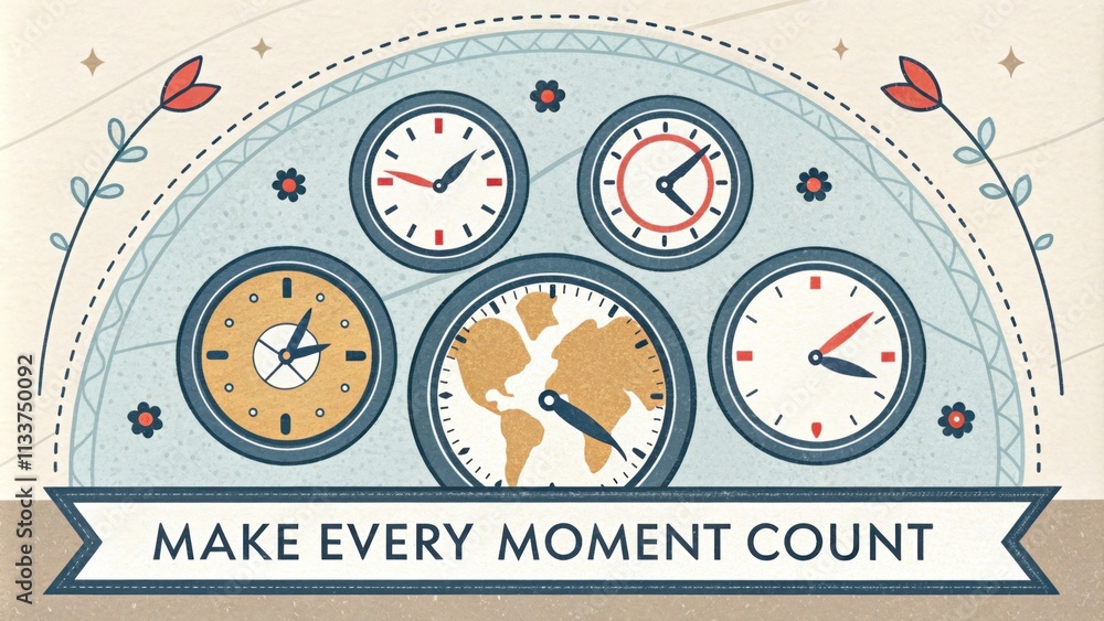 Many clocks are showing different times and a world map inside a clock ...