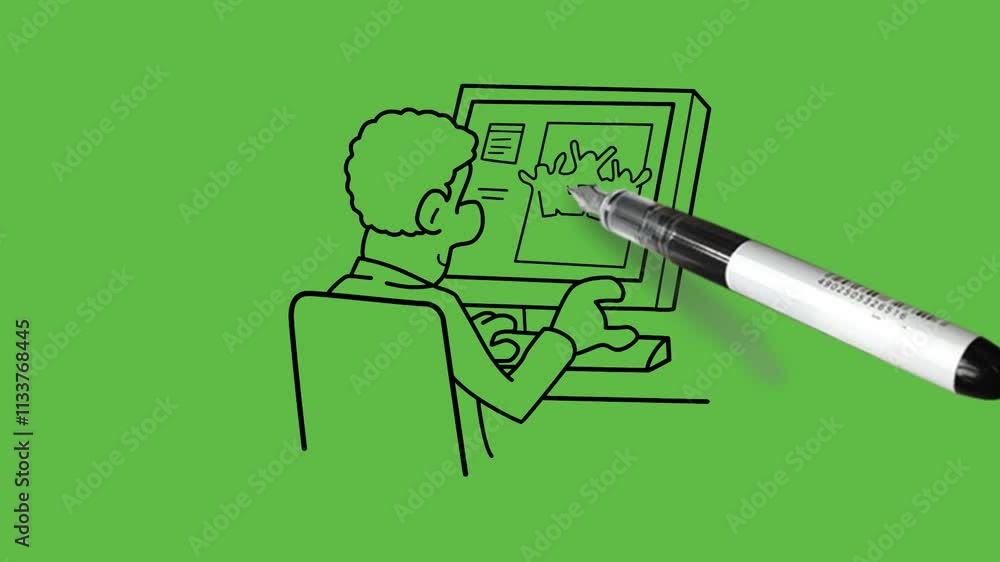 draw backside of young man sit on chair work on computer place on table ...