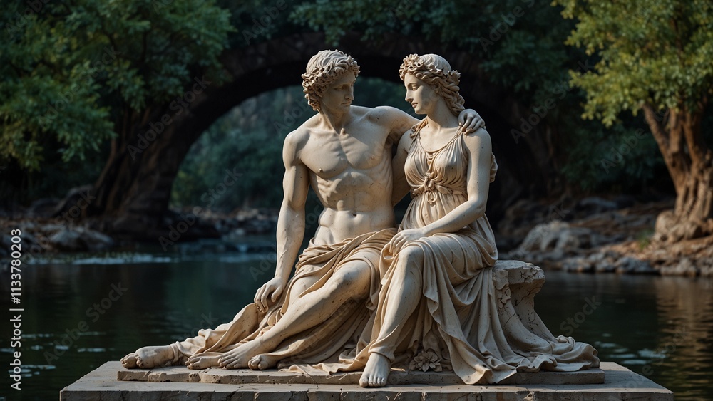 Photo Statue of Orpheus, the god of love, embracing Eurydice with lotus flowers symbol, 凱勛 張 ...