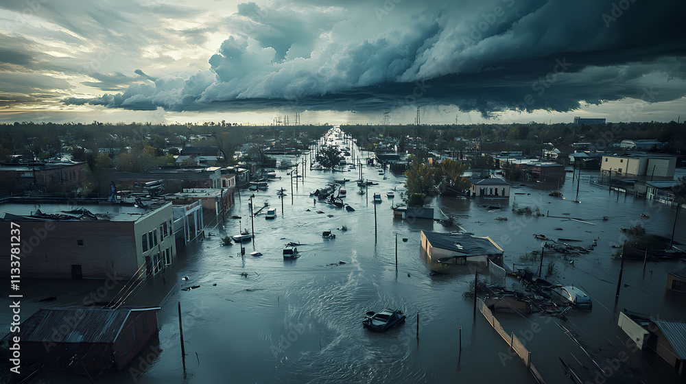 Sweeping overhead image showcasing a flooded town with dramatic storm ...