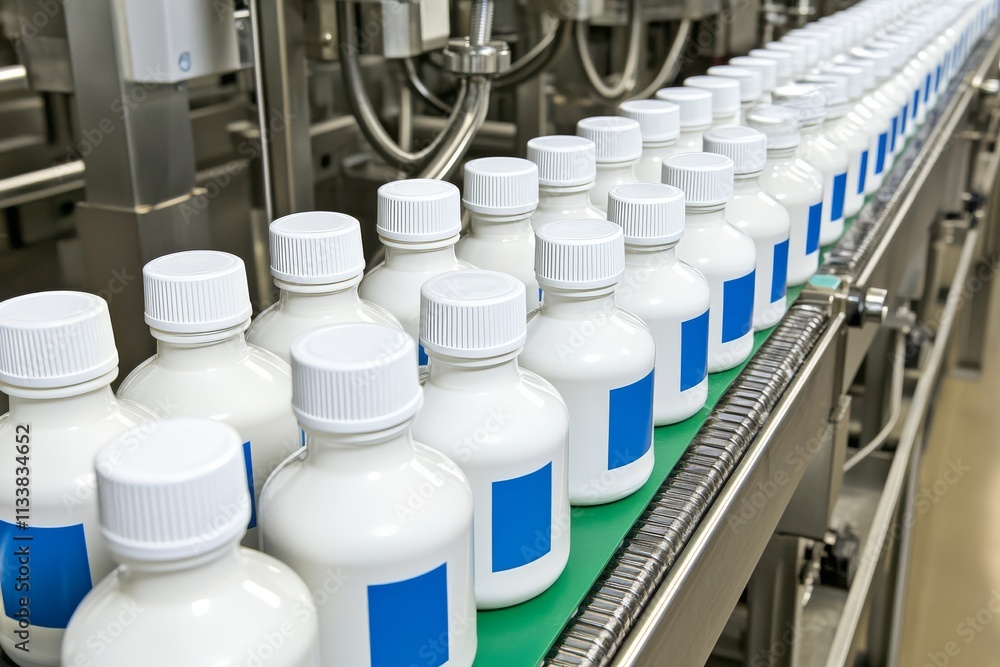 Assembly line with white bottles featuring blue labels, showcasing a ...