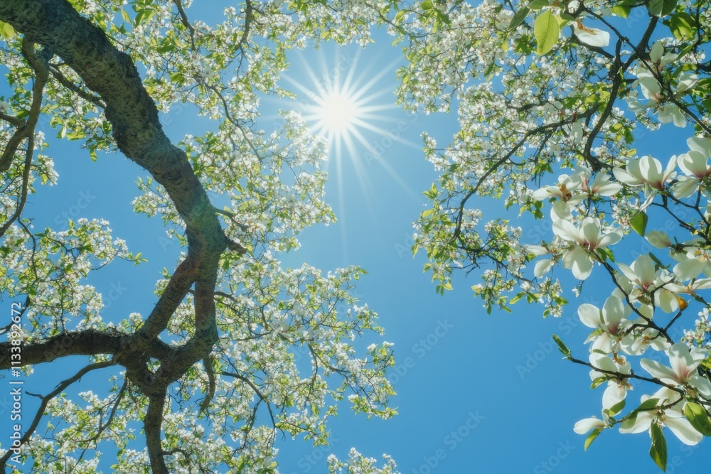 Magnolia tree in full bloom against blue sky, bright midday sunlight ...
