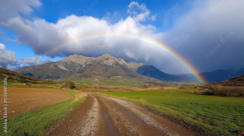 Vibrant rainbow appears over serene mountain valley nature photography ...