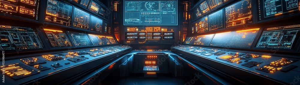 Central control panel of a nuclear power plant reactor, hightech ...