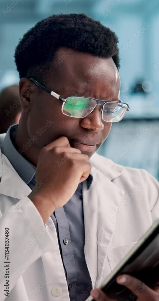 Tablet, scientist and thinking in laboratory for research, problem ...