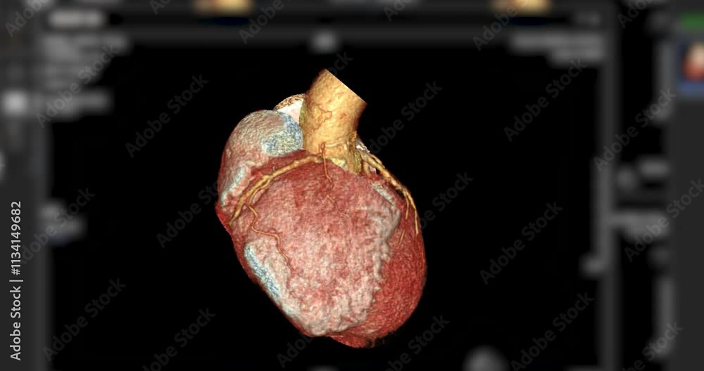 Realistic 3D Heart CTA Scan: A detailed CTA scan showing the coronary arteries and heart ...