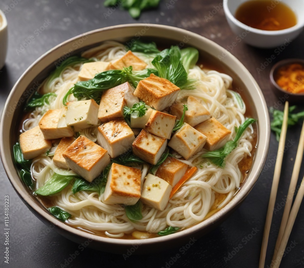 Bok choy and rice noodles with melted cheese tofu in a savory soy sauce ...