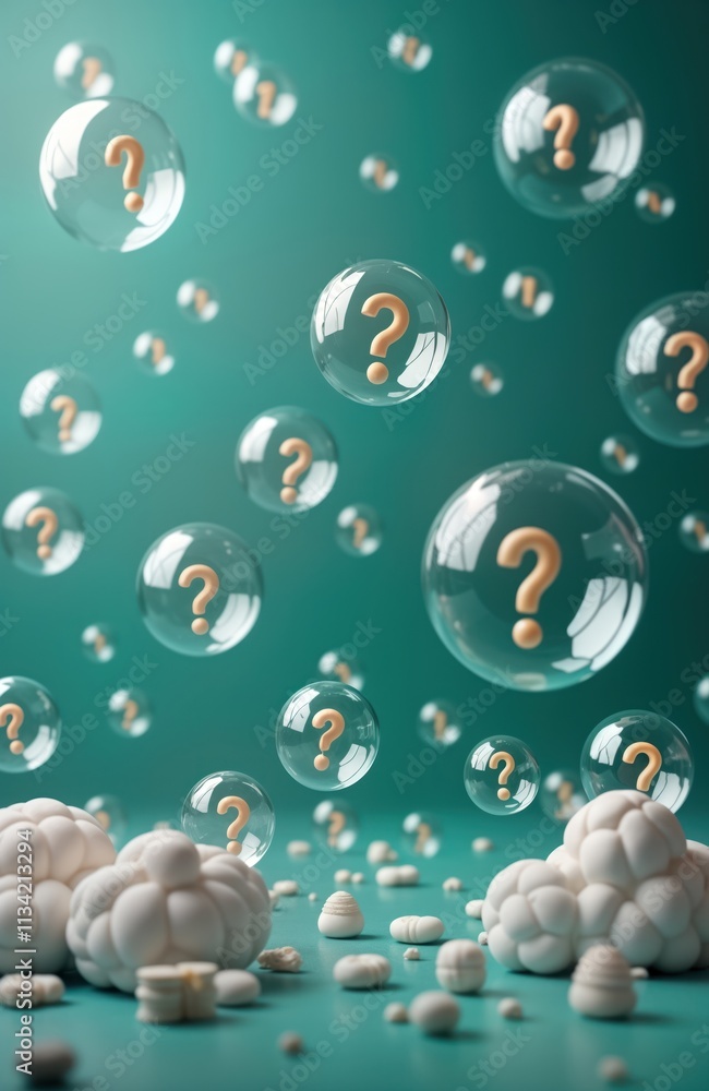 Abstract illustration shows floating transparent bubbles with question ...
