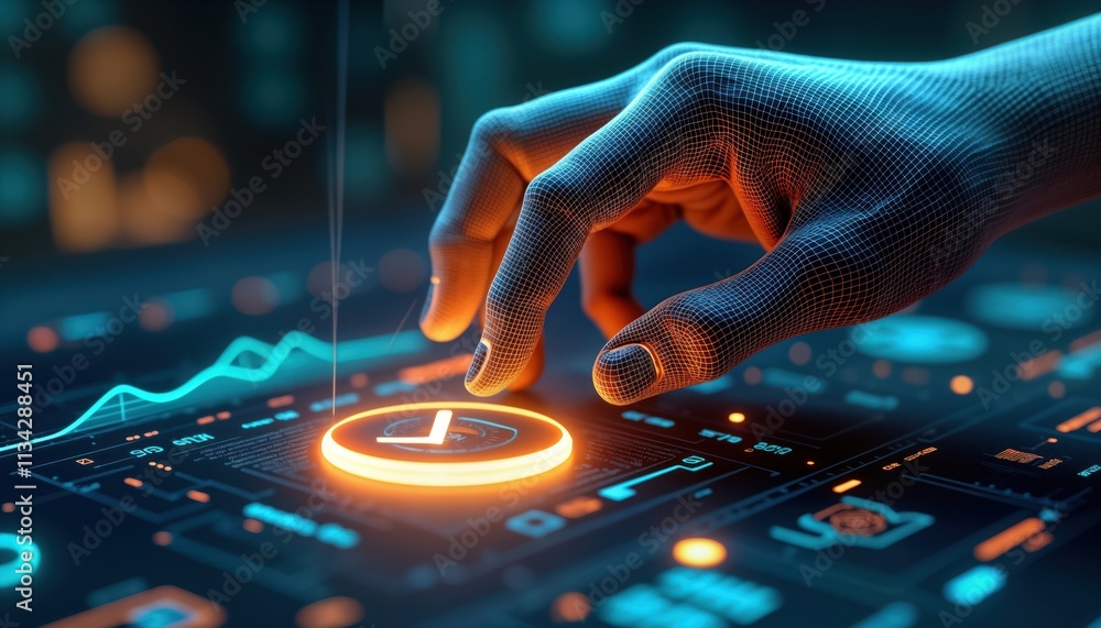 Futuristic interface shows software development lifecycle. Hand ...