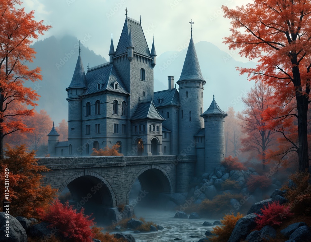 Autumnal forest scene stone castle atop bridge over flowing stream ...