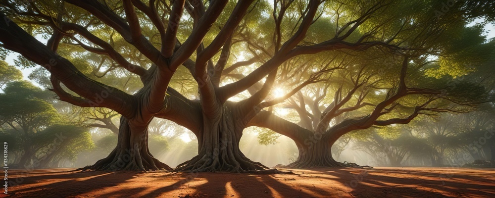 The long, curved branches of a mature Banyan tree have formed a natural ...