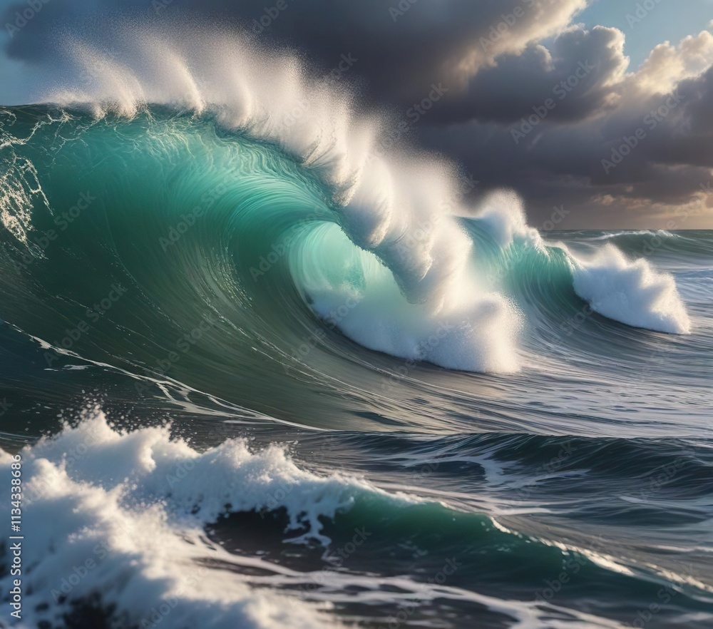 Big rolling wave breaking in a stormy sea with foam and spray, waves ...