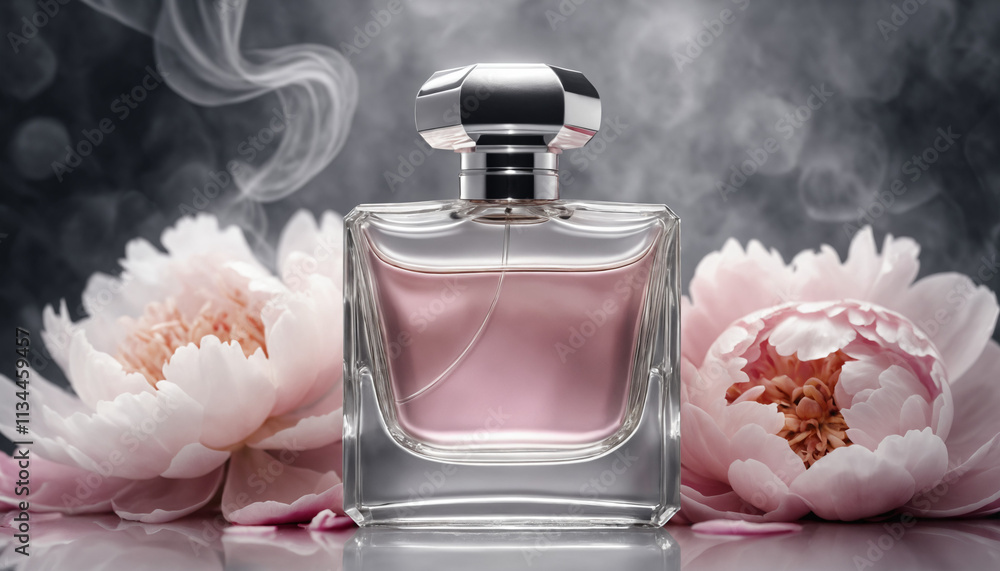 mock up of a perfume bottle, set against a backdrop of releasing a ...