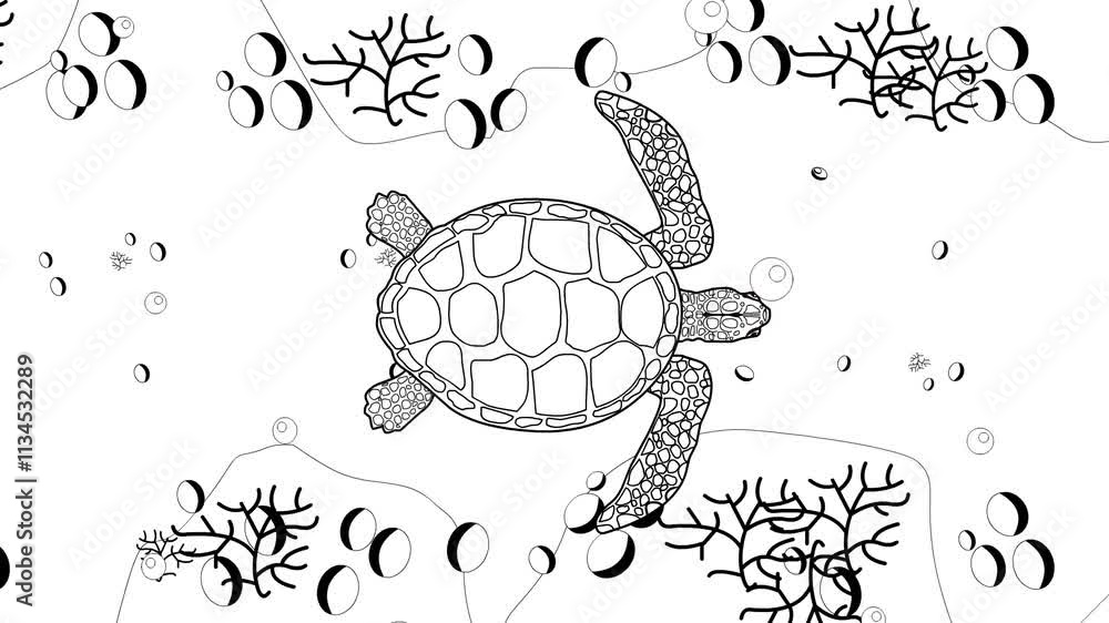 Animated video of a sea turtle swimming on the seabed in black and ...