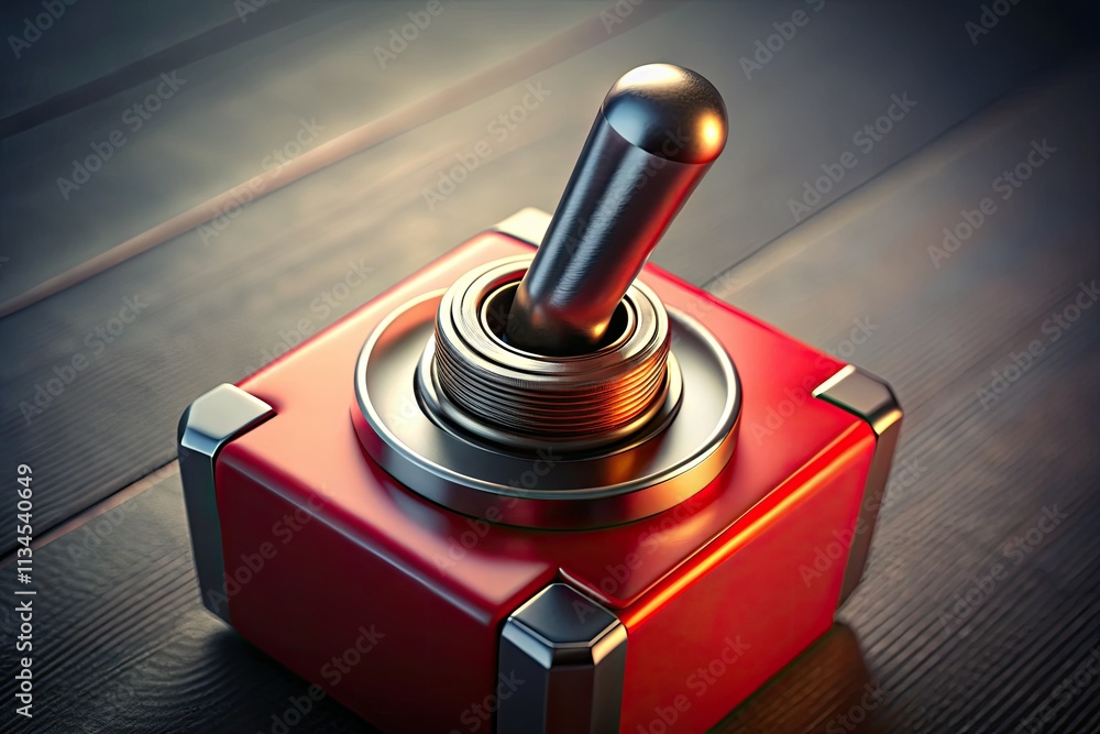 Realistic 3D render of a red toggle switch in the off position; a ...