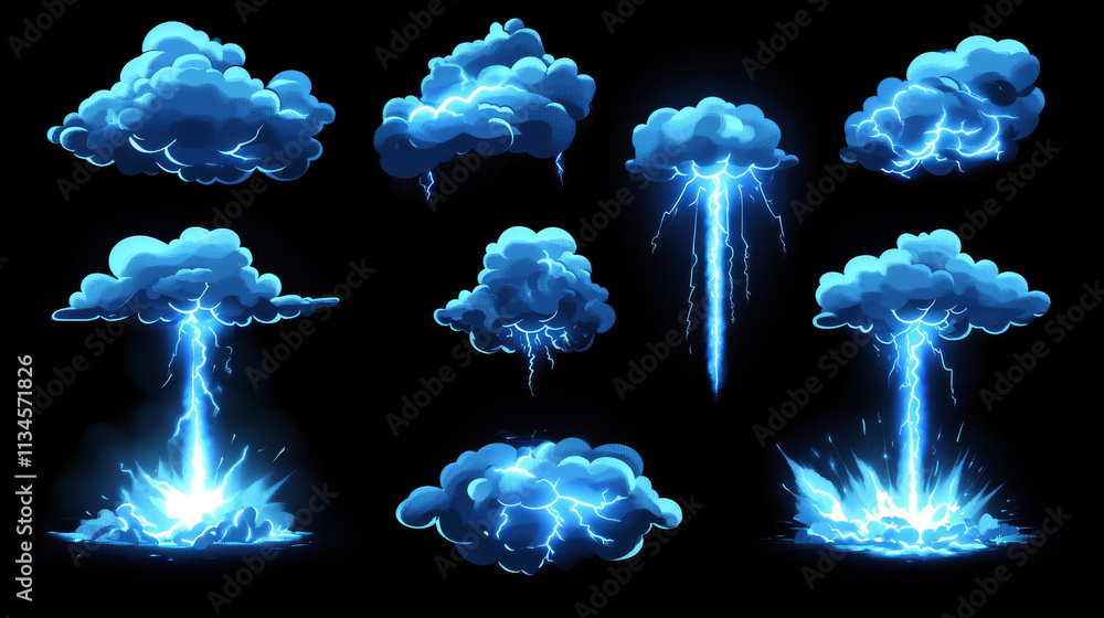 Sprite sheet with lightnings, thunderbolt strikes set for game fx ...