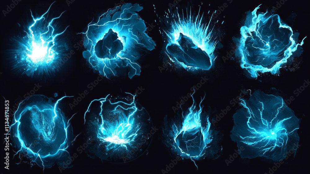 Sprite sheet with lightnings, thunderbolt strikes set for game fx ...