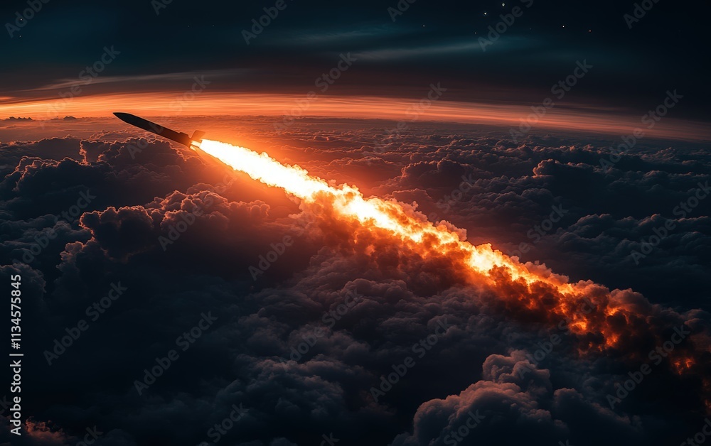 A fiery missile streaks across a breathtaking sunset sky, leaving a ...